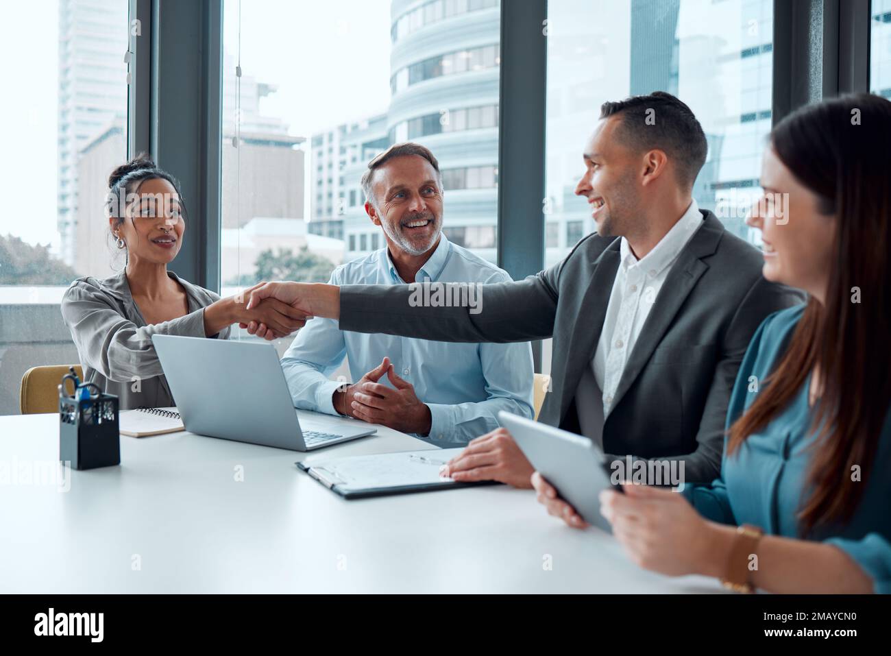 Business people, handshake and welcome meeting for crm team motivation ...