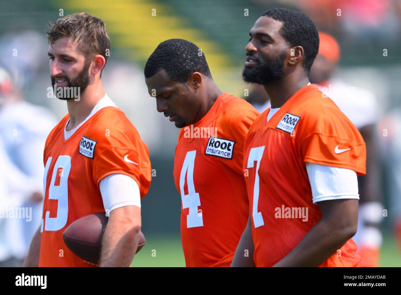 Cleveland Browns quarterbacks Josh Rosen (19), Deshaun Watson (4) and ...