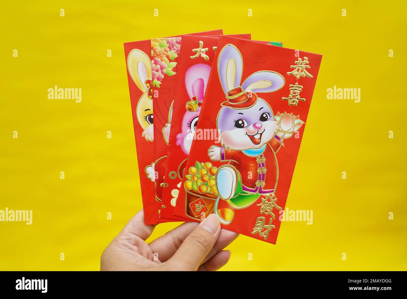 Theme red envelopes with rabbit, Chinese blessing words on yellow ...
