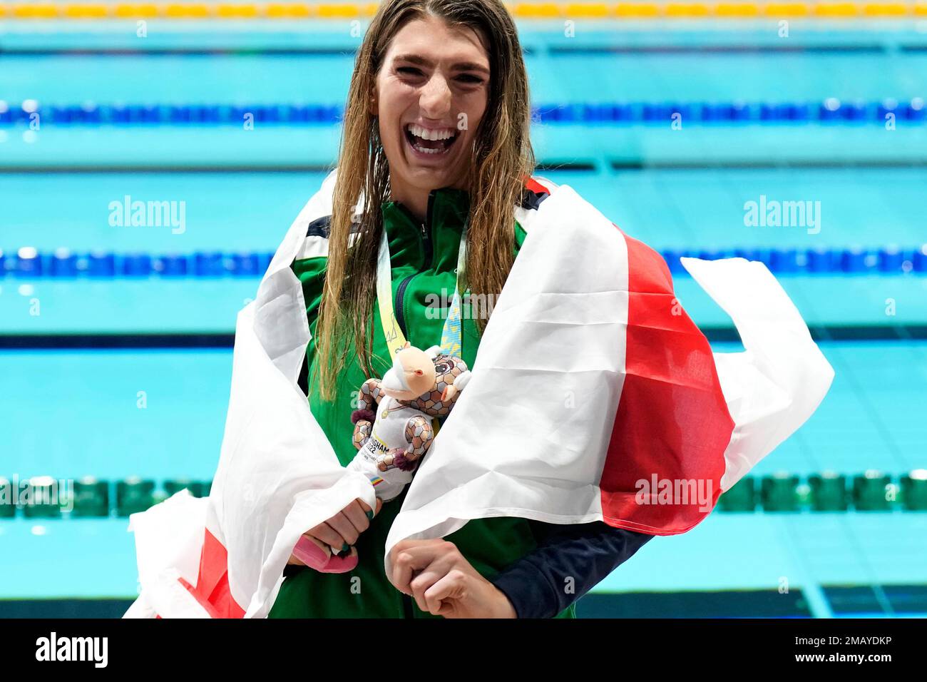 Bethany Firth of Northern Ireland poses after winning the gold medal in ...
