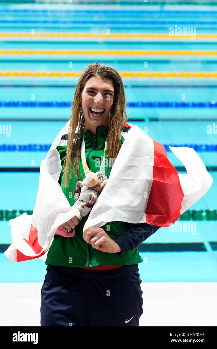 Bethany Firth of Northern Ireland poses after winning the gold medal in ...