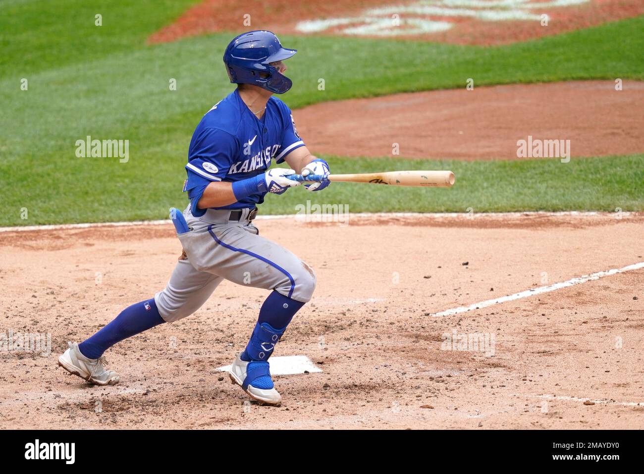 Kansas City Royals' Mike Massey watches his hit off Chicago White Sox ...