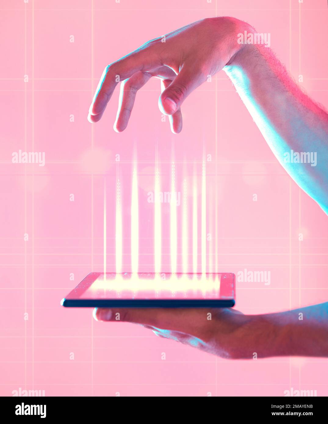 Connection, social network and hands with a tablet for ux ...