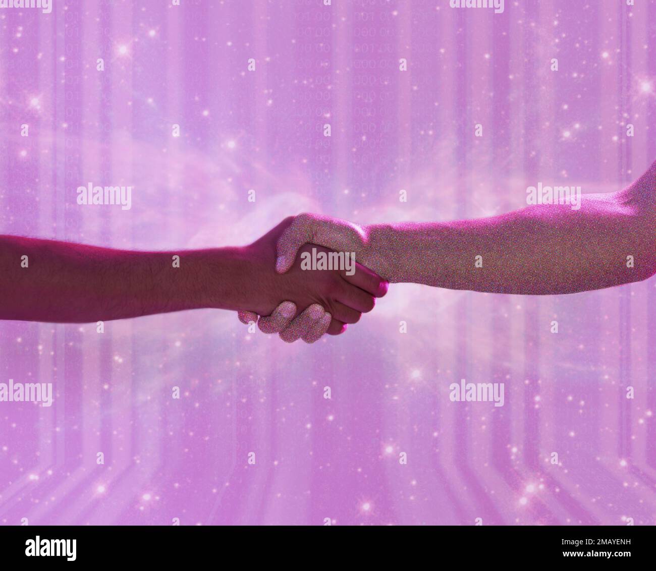 Metaverse, people and 3d futuristic handshake for connection ...