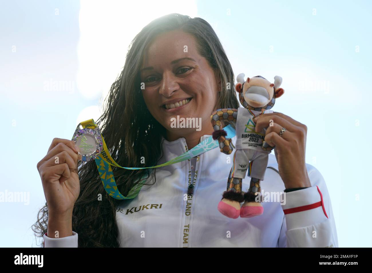 England's Jade Lally, silver, stands on the podium during the medal ...