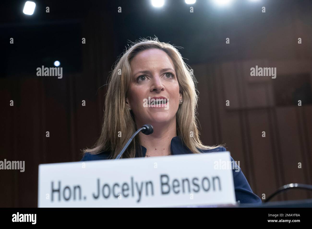 Jocelyn Benson, Michigan secretary of state, testifies as the Senate ...
