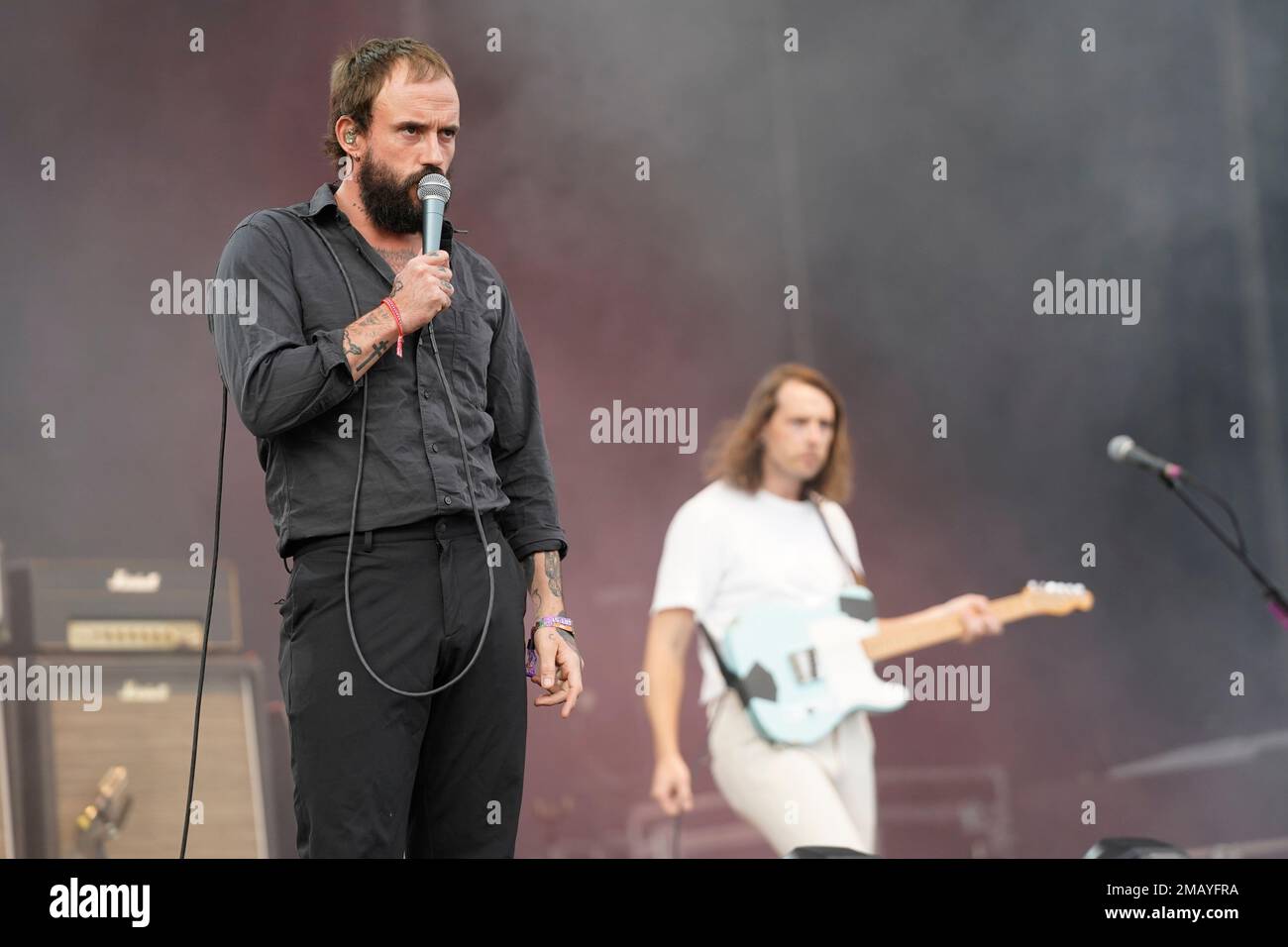 Joe Talbot, left, and Lee Kiernan of Idles perform on day three of the Lollapalooza Music ...