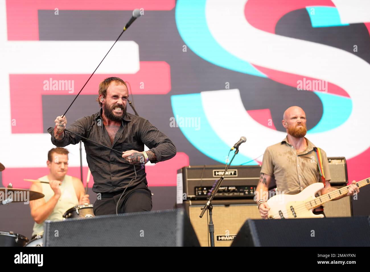 Joe Talbot, left, and Adam Devonshire of Idles perform on day three of ...