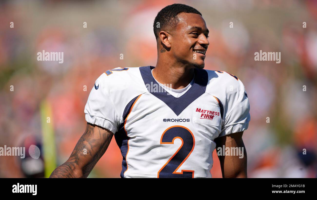Denver Broncos cornerback Pat Surtain II (2) takes part in drills ...
