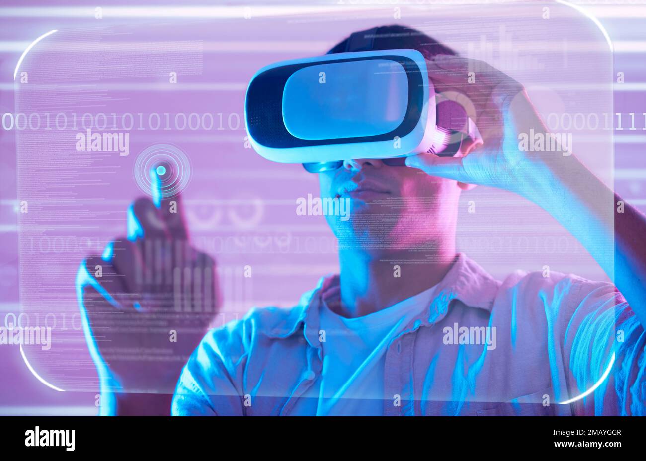 Futuristic data, virtual reality and man in metaverse exploring a cyber world. Digital ...