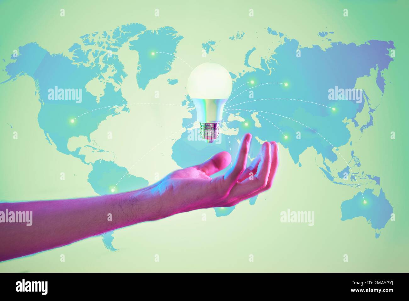 World map, lightbulb and hand for idea, sustainability and networking ...