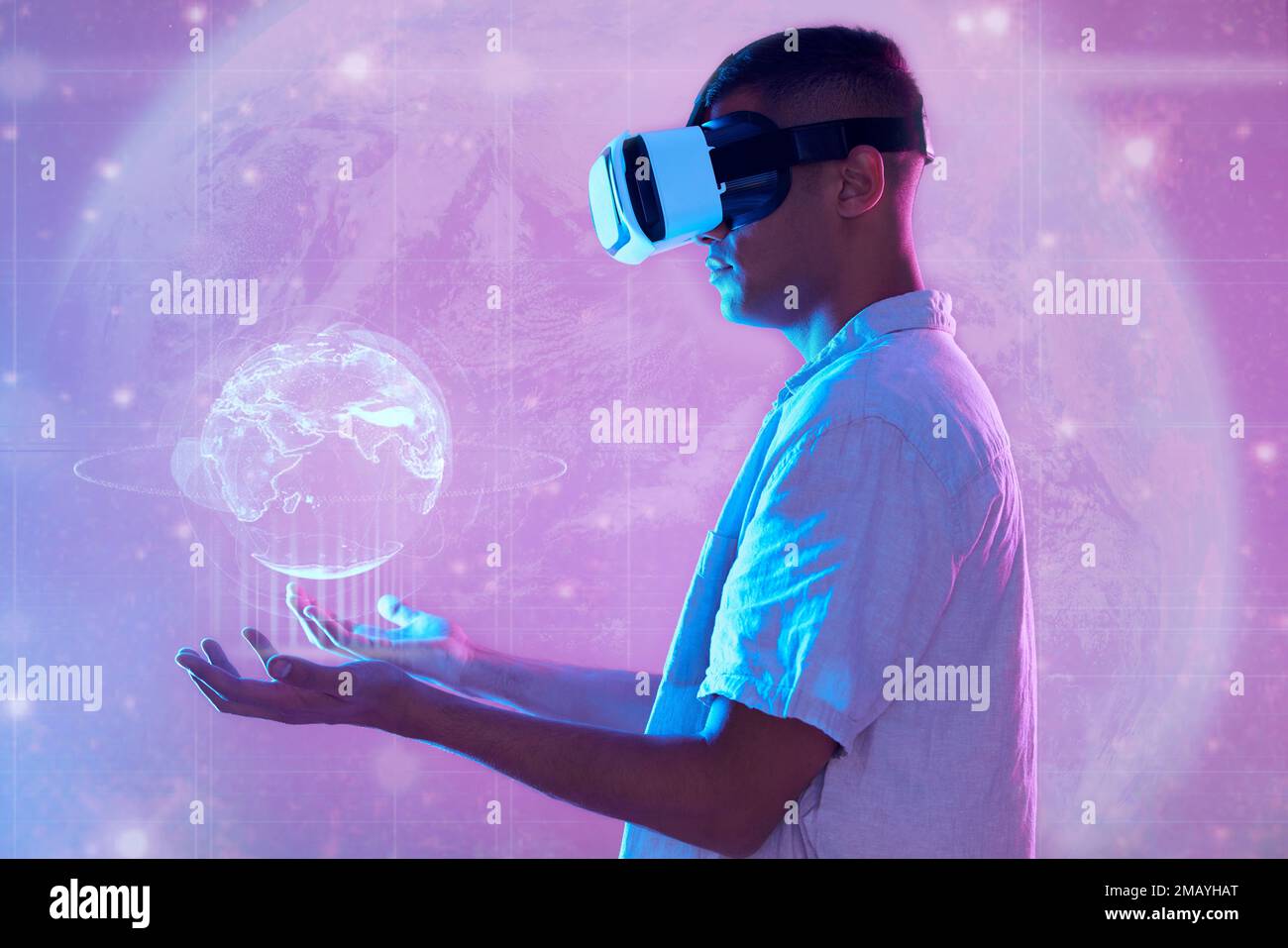 Vr, metaverse and man with globe hologram for networking, connection and digital transformation ...