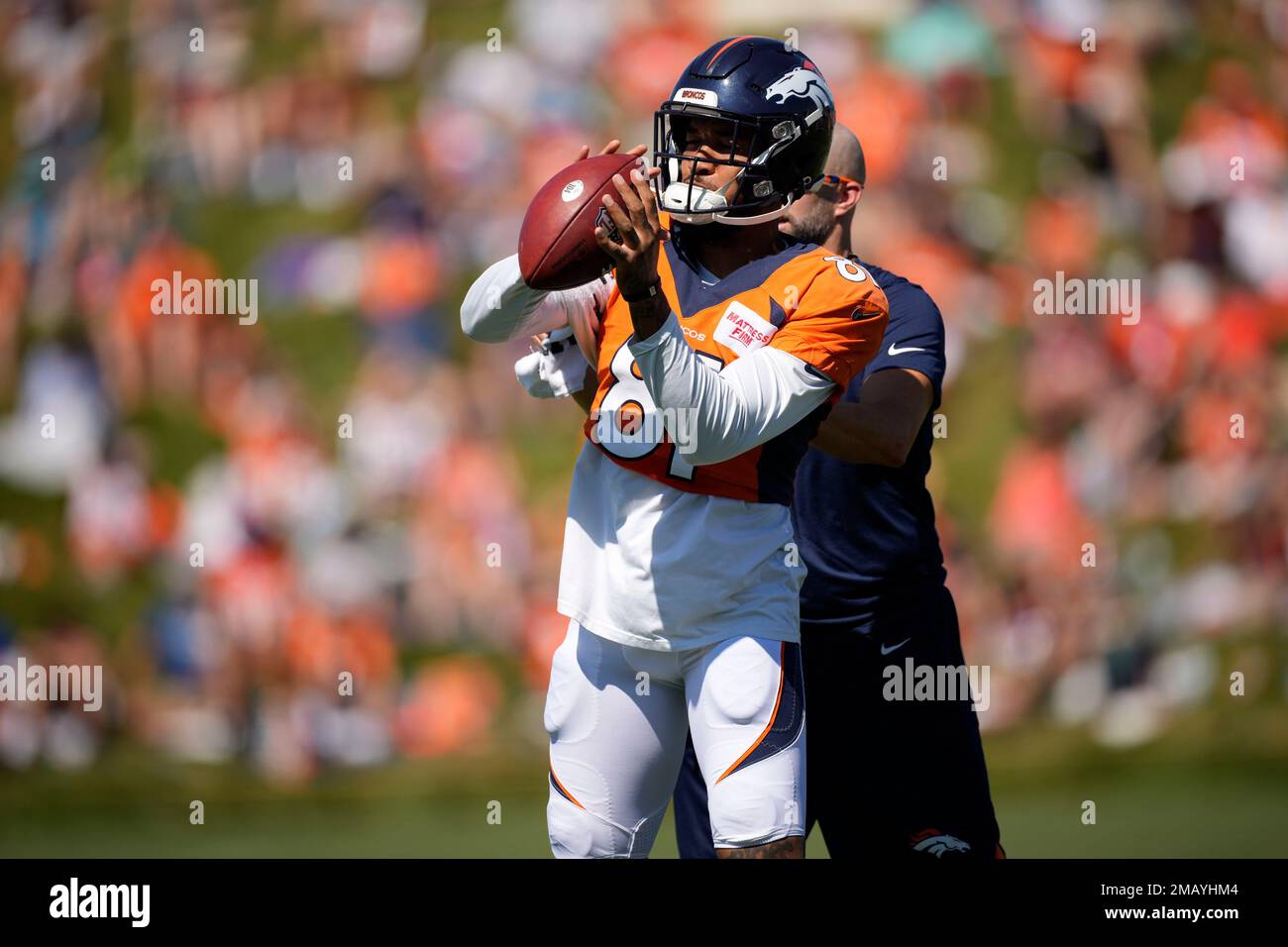 Denver Broncos wide receiver Tim Patrick (81) takes part in drills ...