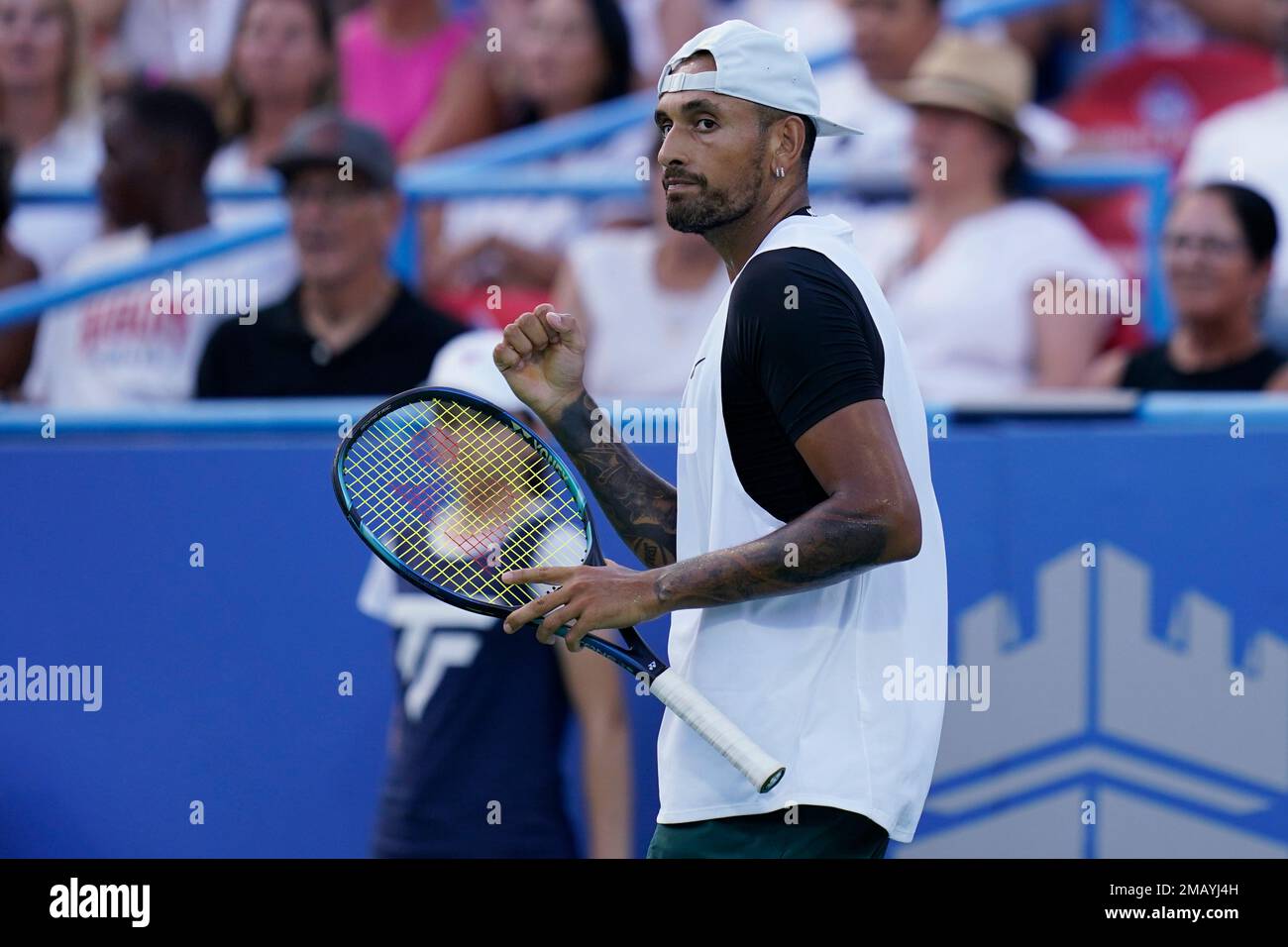 Nick Kyrgios, of Australia, reacts during a match against Marcos Giron ...