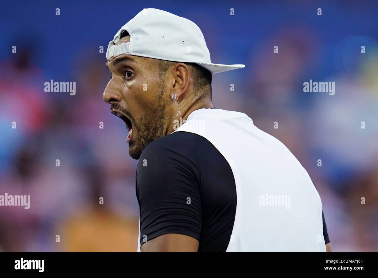 Nick Kyrgios, of Australia, reacts during a match against Marcos Giron ...