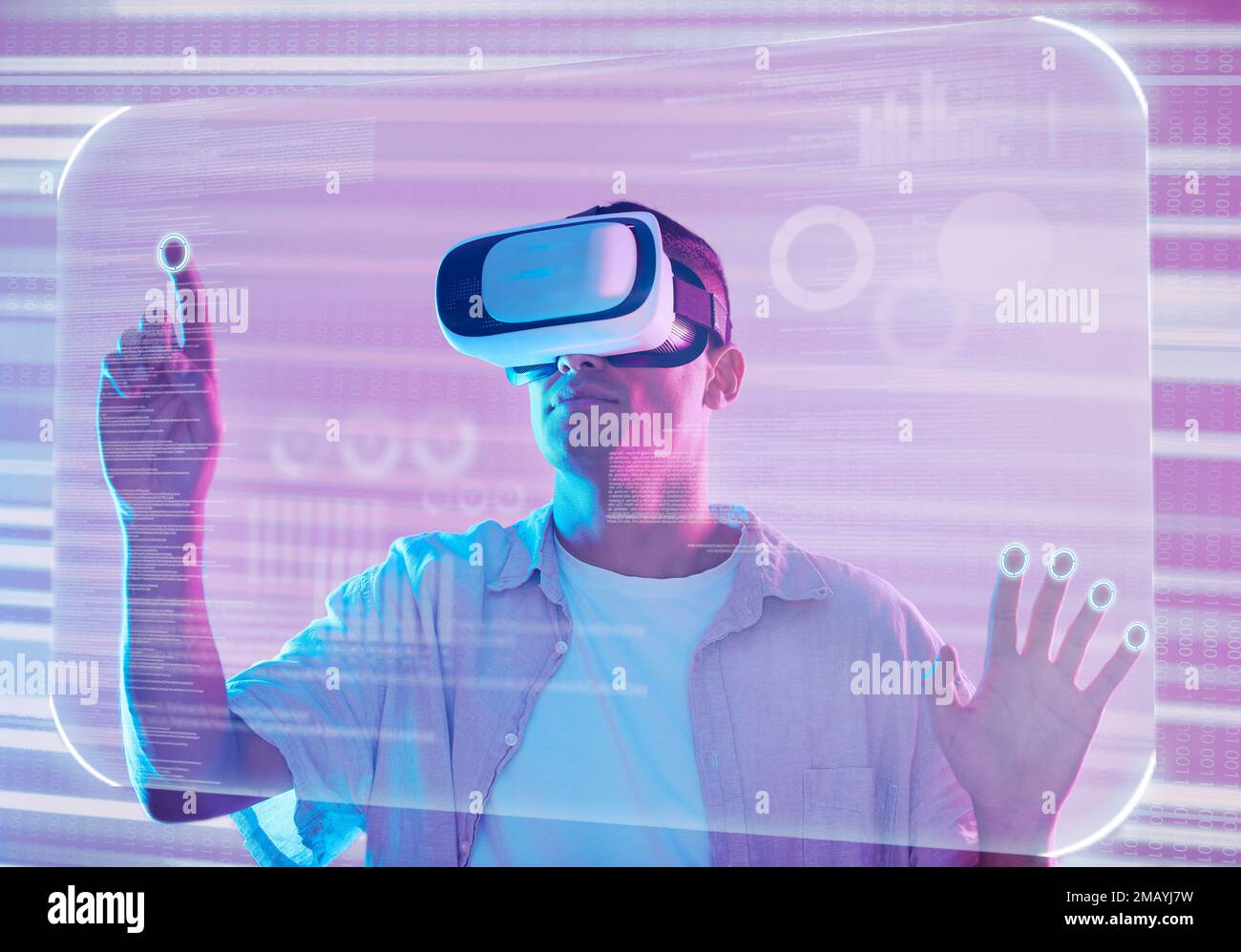 Data, vr futuristic and man in metaverse exploring a cyber world. Digital transformation, 3d ...