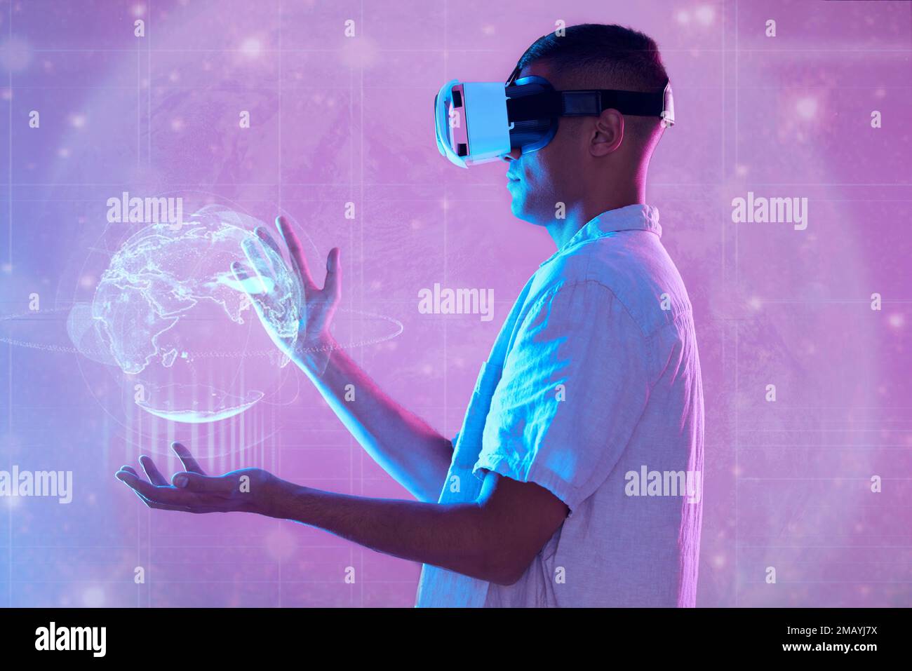 Metaverse, vr and man with globe hologram for networking, connection and digital transformation ...