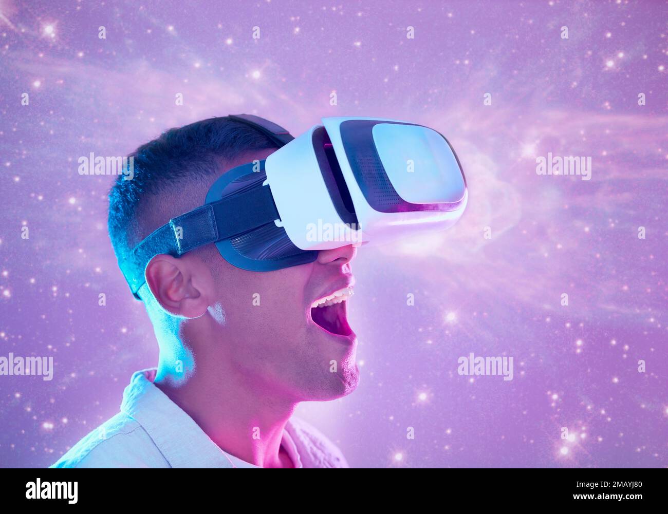 Wow, futuristic and man in vr universe exploring a cyber space world. Surprise, shock and male ...