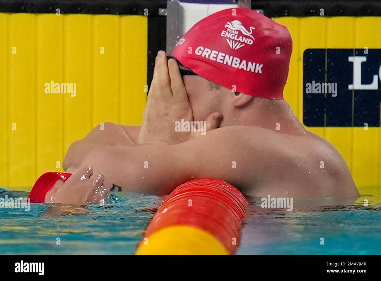 England's Luke Greenbank reacts after the Men's 200m Backstroke Final ...