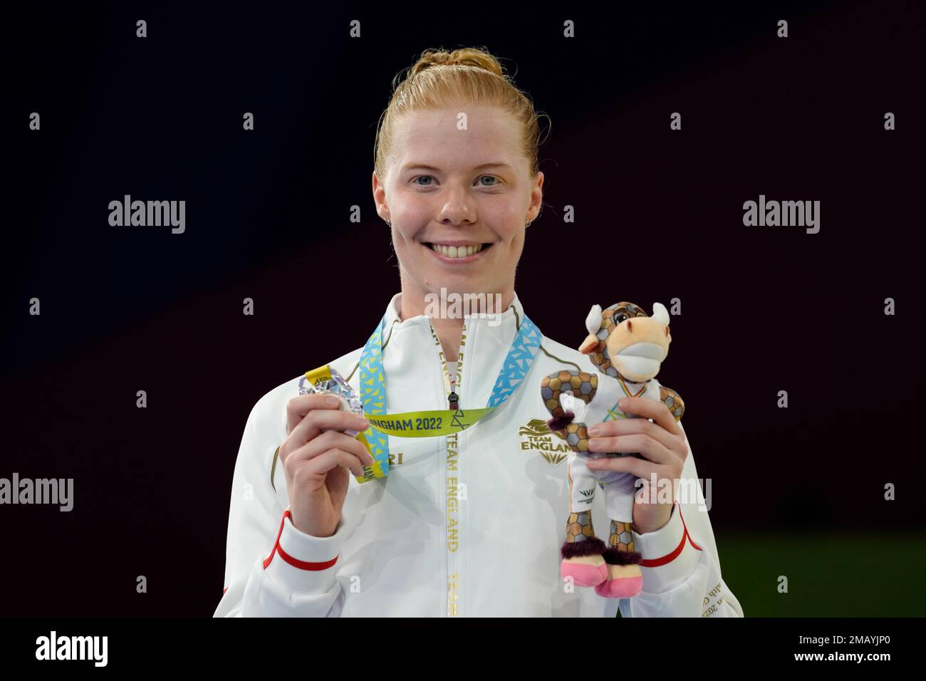 Silver medalist Laura Stephens of England celebrates during a medal ...
