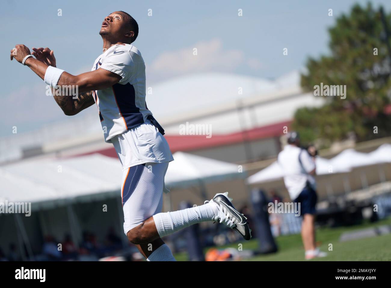 Denver Broncos cornerback Pat Surtain II takes part in drills during ...