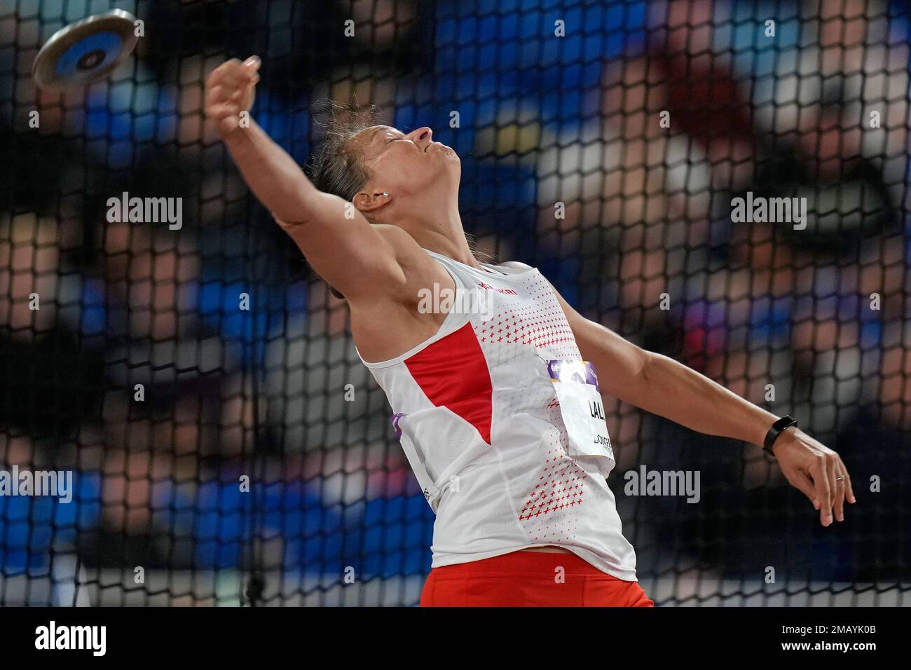 England's Jade Lally competes in the women's discus throw final during ...