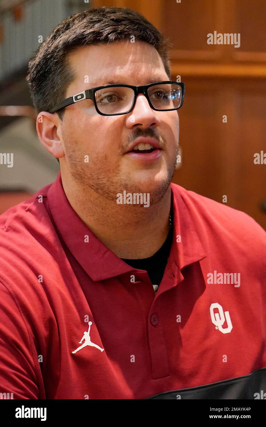 Oklahoma's Andrew Raym speaks during an NCAA college football media day ...