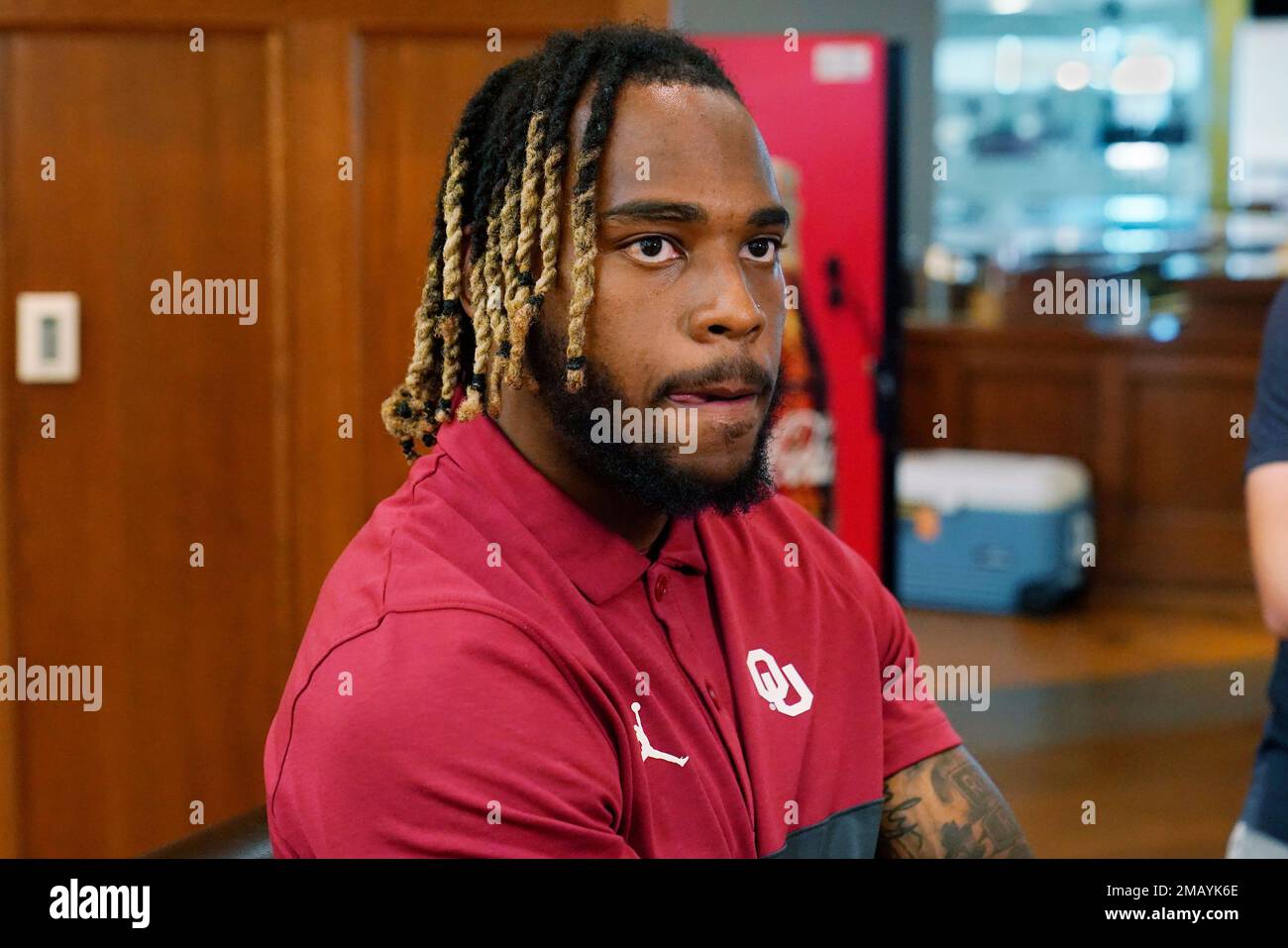Oklahoma's Eric Gray speaks during an NCAA college football media day ...