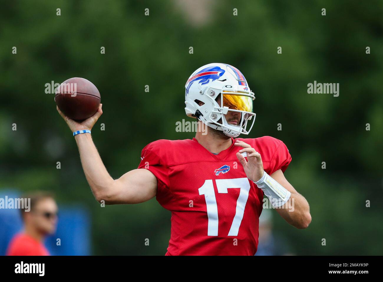 Buffalo Bills quarterback Josh Allen (17) takes part in a drill during ...