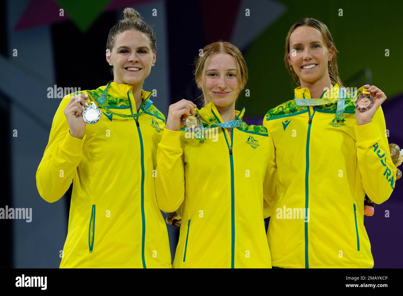 Australia's gold medalist Mollie O'Callaghan, centre, silver medalist Shayna Jack, left, and ...
