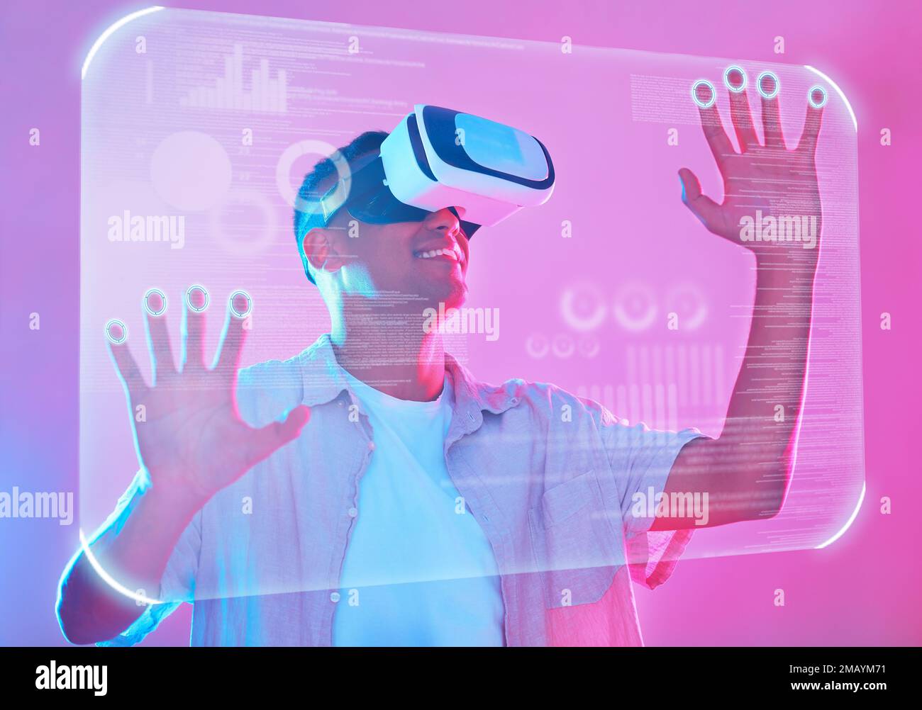 Vr, 3d futuristic and man in metaverse exploring a cyber world. Digital transformation, virtual ...