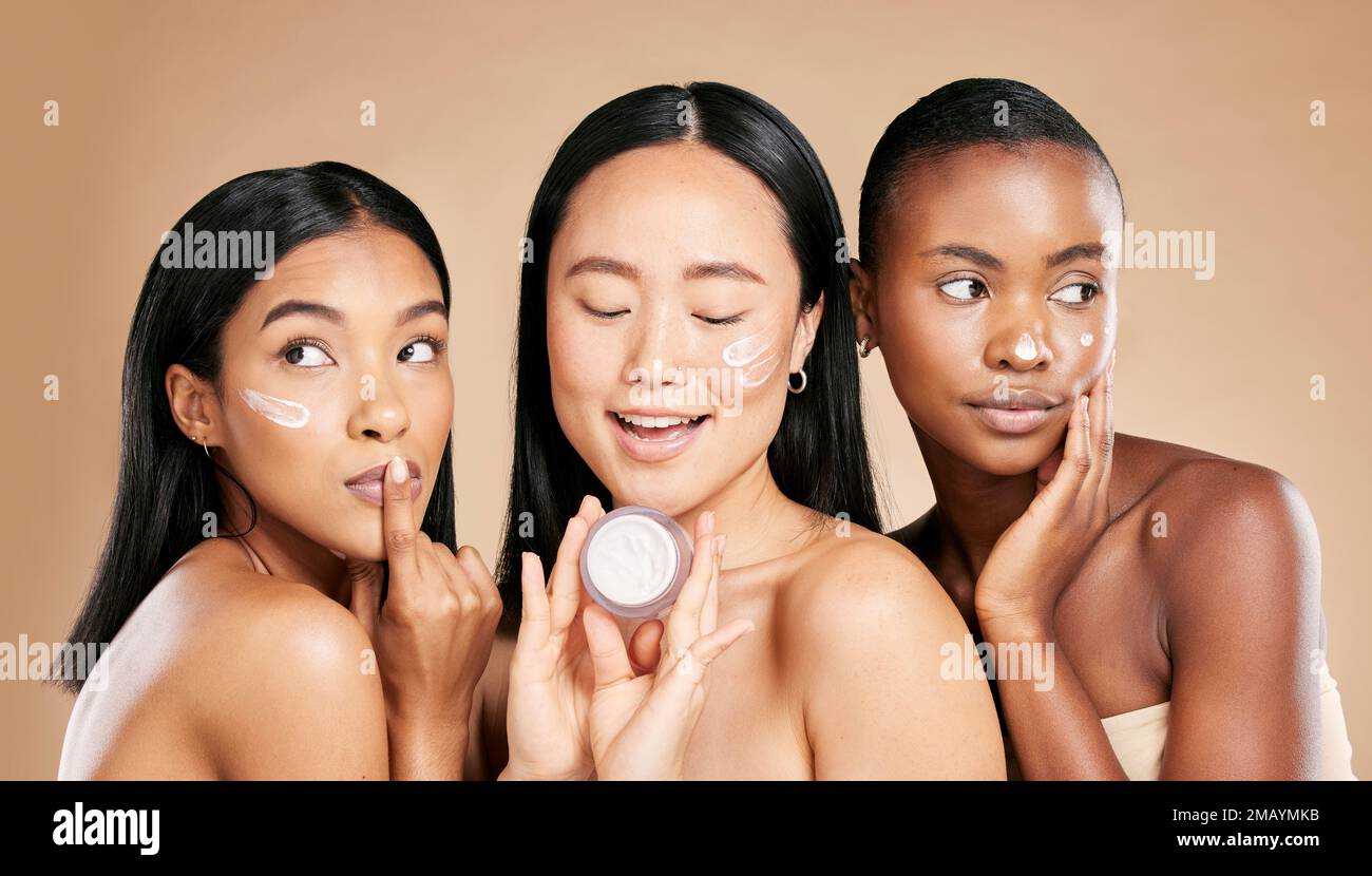 Skincare, women and face cream in studio for wellness, grooming and ...