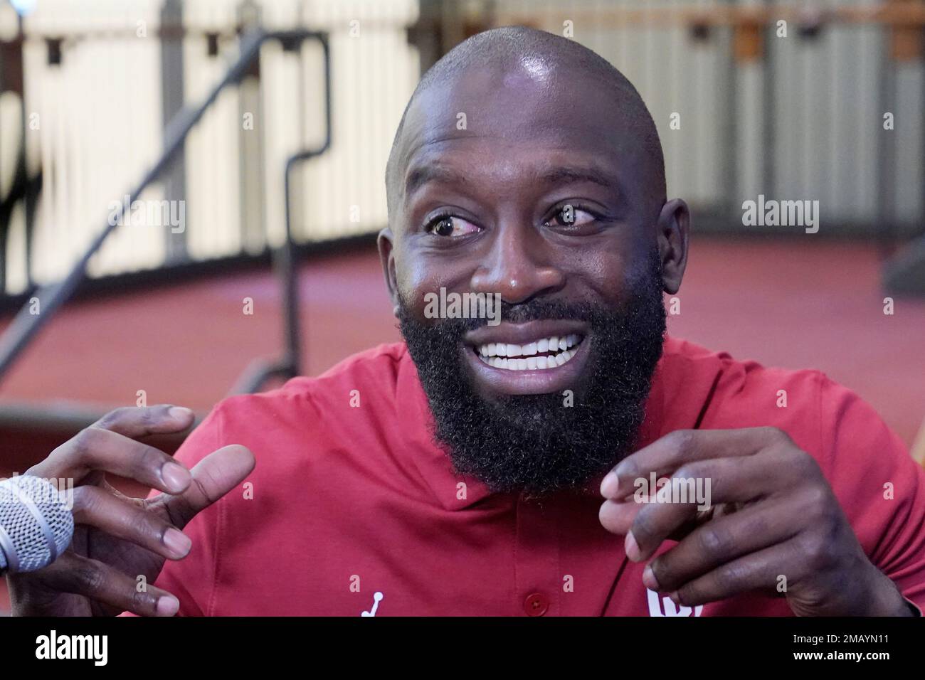 Oklahoma defensive coach Jay Valai speaks during an NCAA college ...
