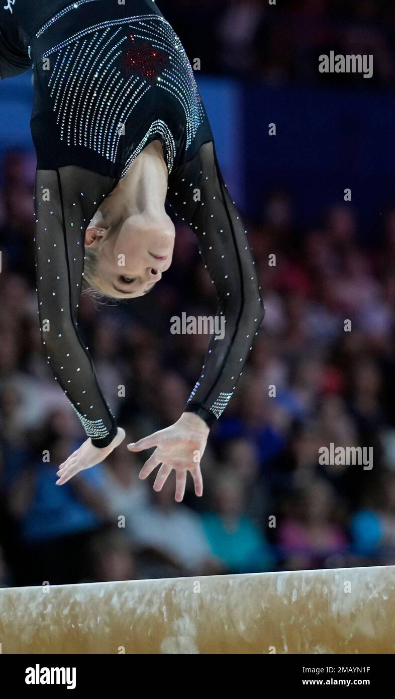 Emma Spence of Team Canada competes in the Women's Balance Beam finals ...