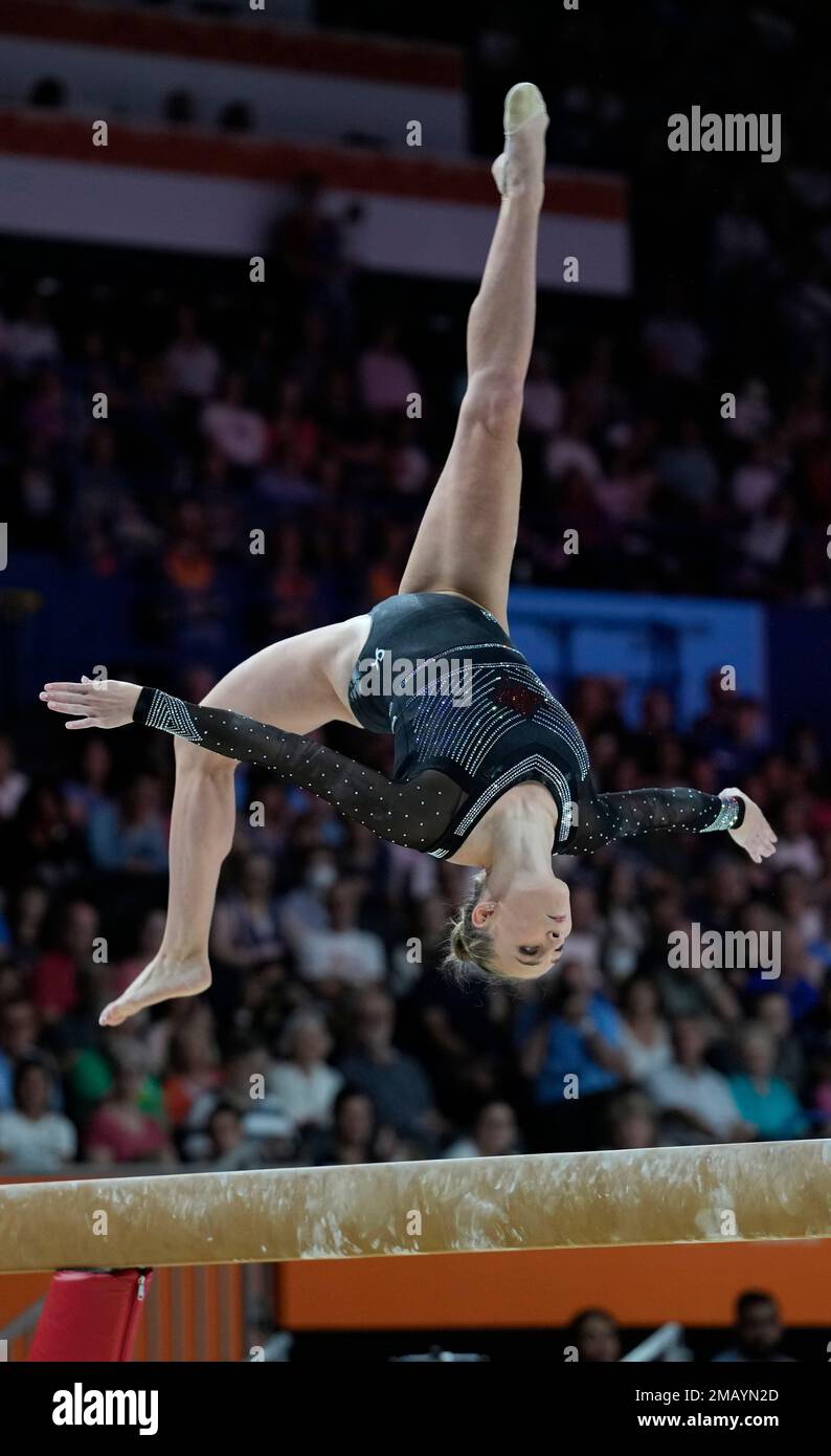 Emma Spence of Team Canada competes in the Women's Balance Beam finals ...