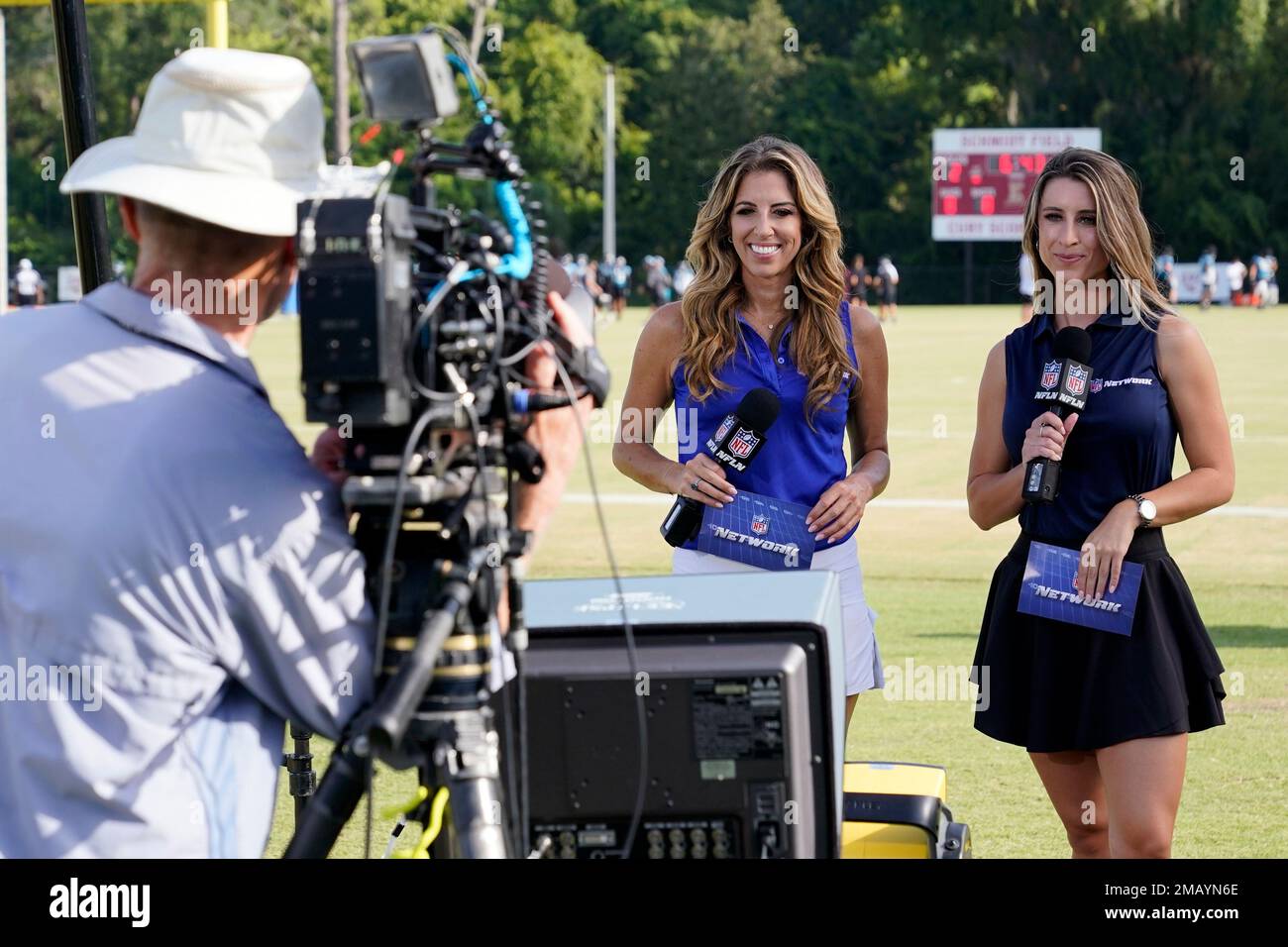 NFL Network reporters Sara Walsh, left, and Ashlyn Sullivan get ready ...