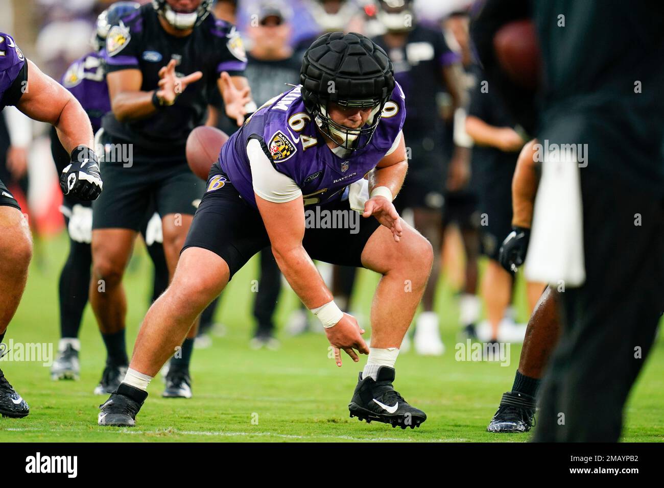 Baltimore Ravens center Tyler Linderbaum works out during the team's ...