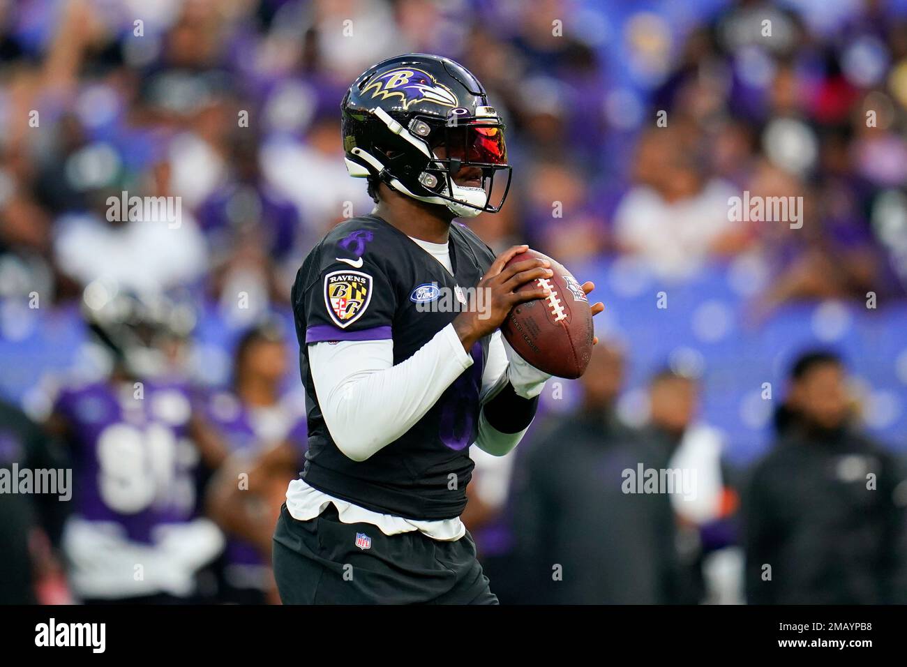 Baltimore Ravens quarterback Lamar Jackson works out during the team's ...