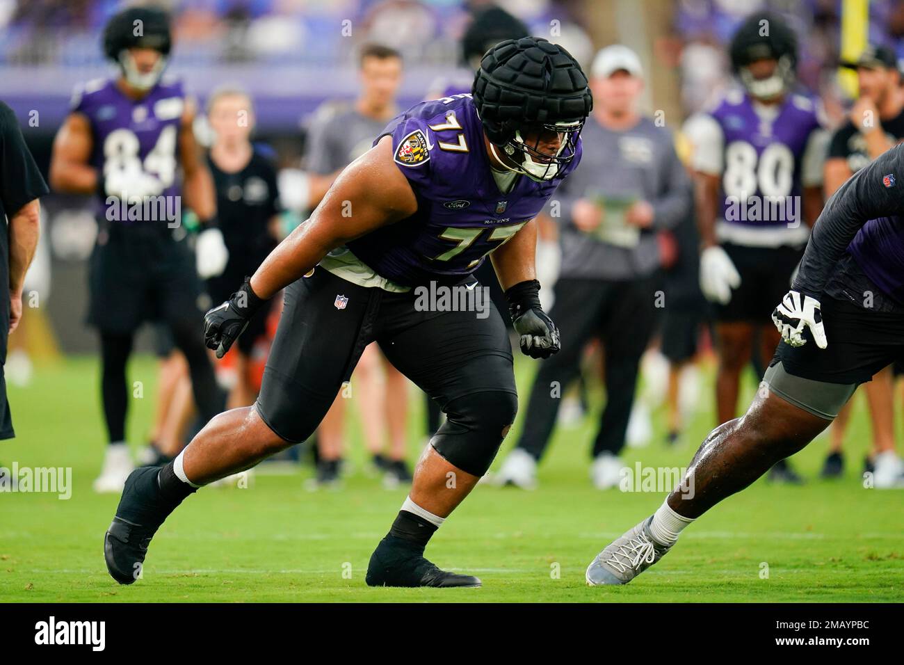 Baltimore Ravens tackle Daniel Faalele works out during the team's NFL ...