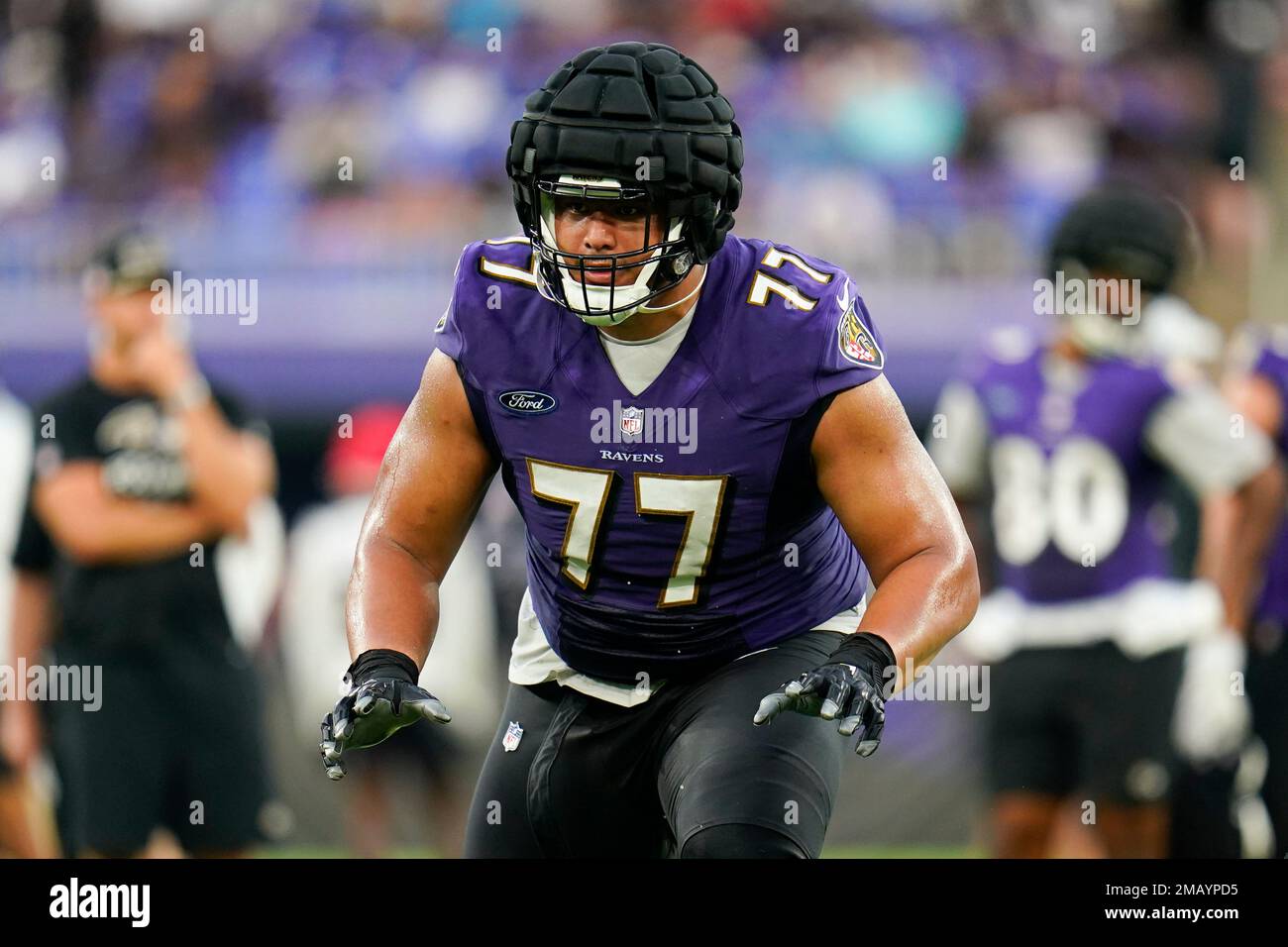 Baltimore Ravens tackle Daniel Faalele works out during the team's NFL ...
