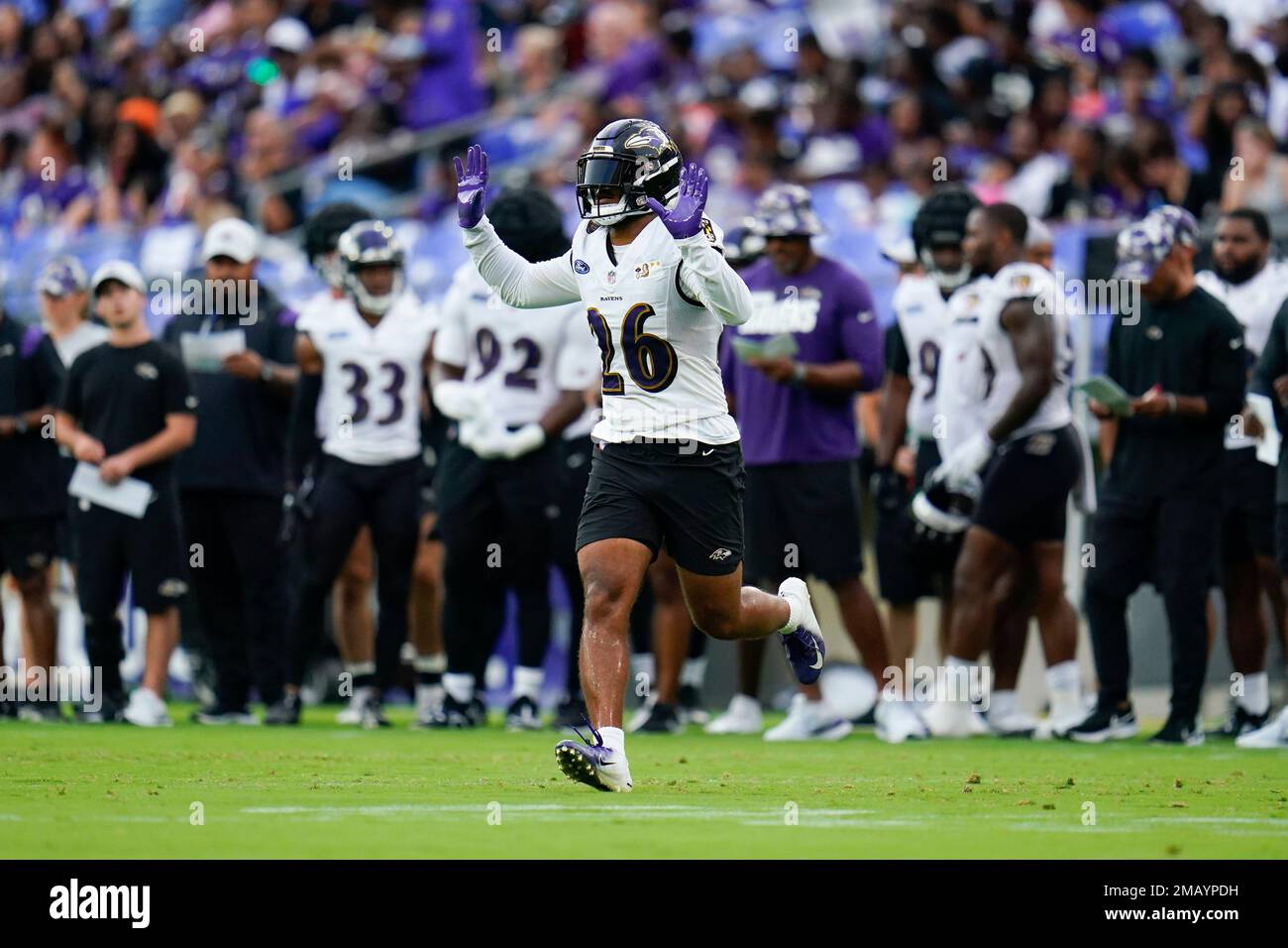 Baltimore Ravens safety Geno Stone works out during the team's NFL ...
