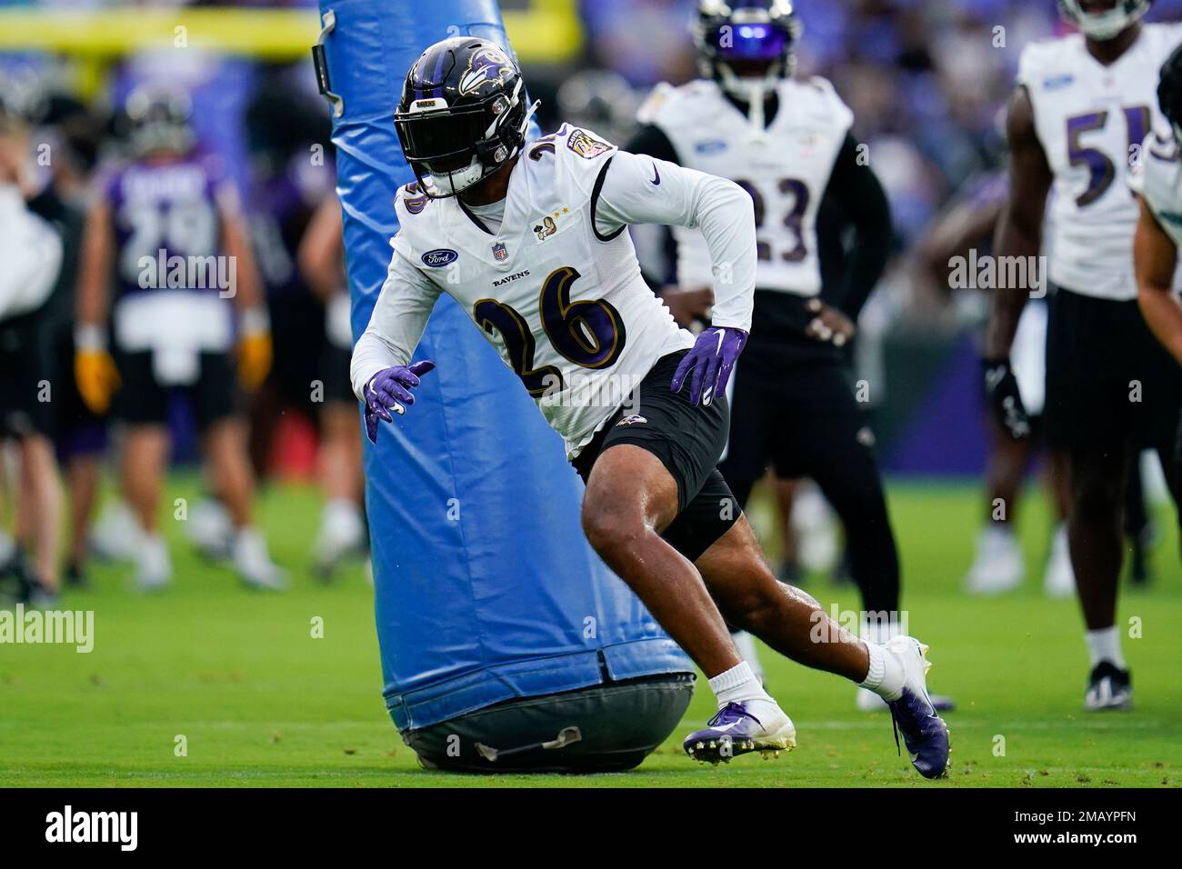 Baltimore Ravens safety Geno Stone works out during the team's NFL ...