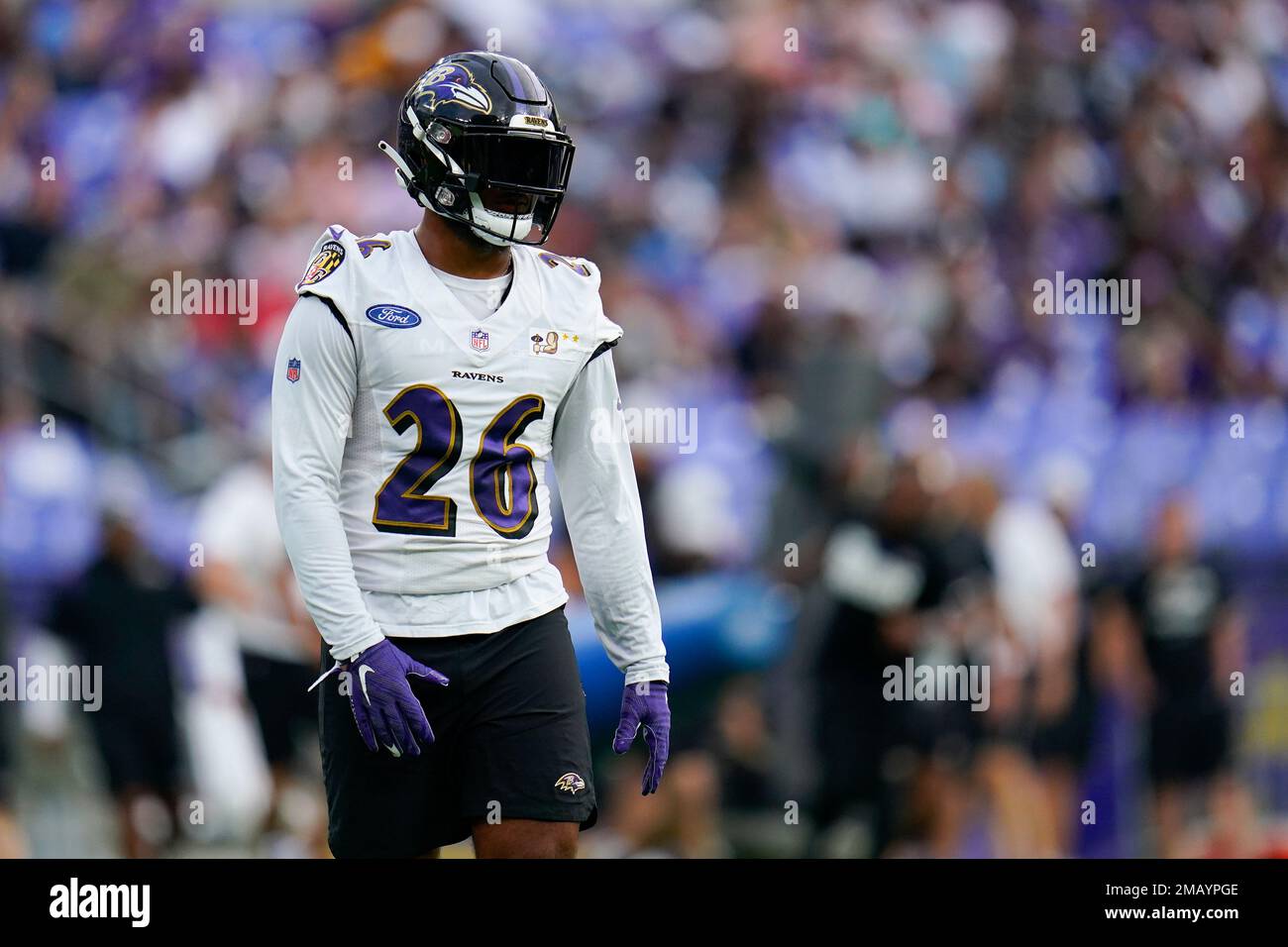 Baltimore Ravens safety Geno Stone works out during the team's NFL ...