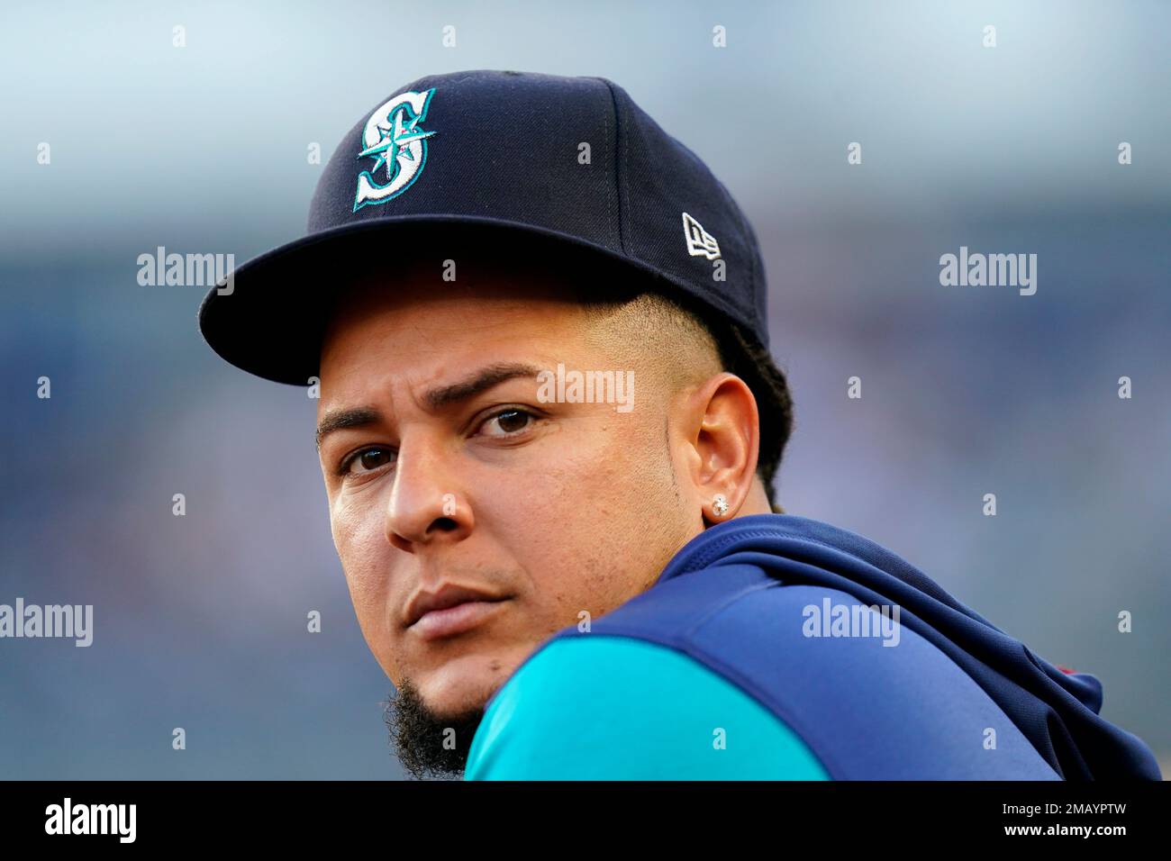 Seattle Mariners' pitcher Luis Castillo watches during the first inning ...