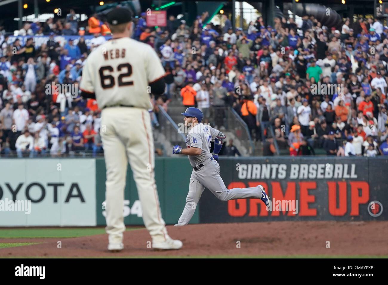 San Francisco Giants pitcher Logan Webb (62) watches as Los Angeles ...