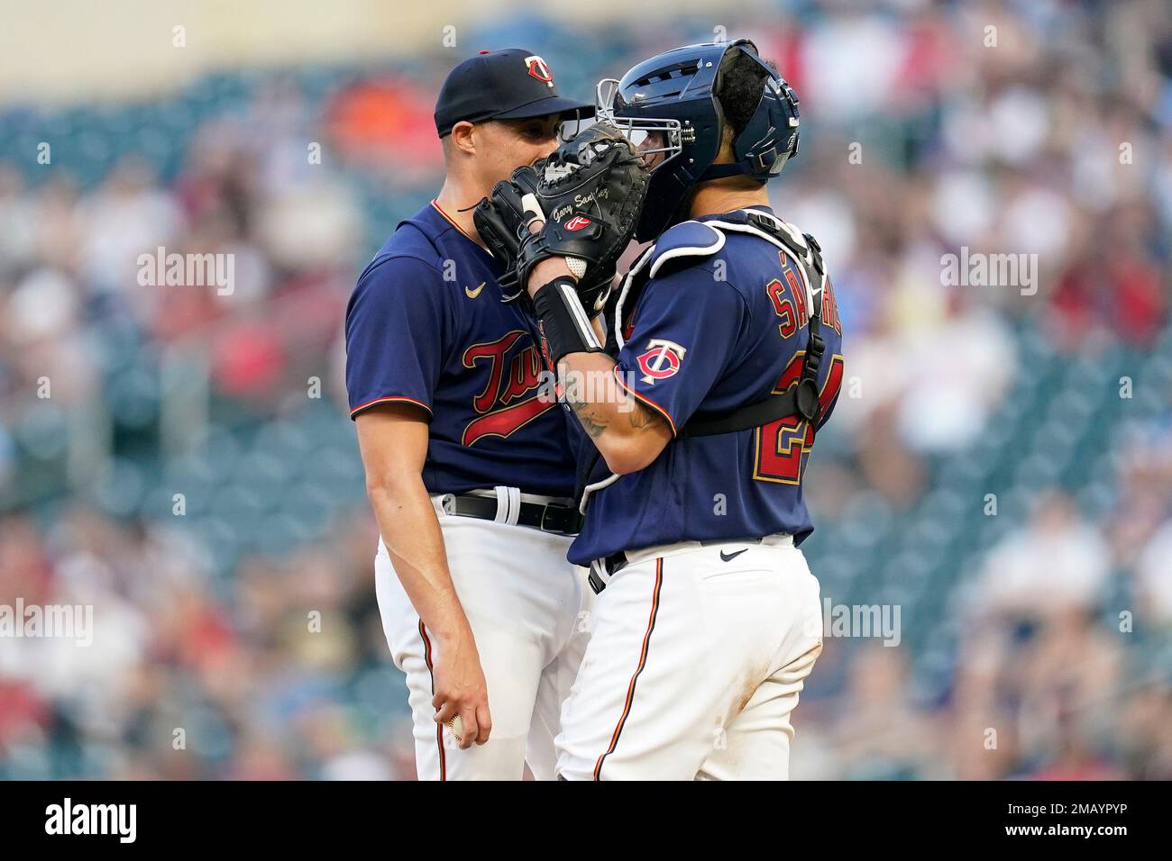 Minnesota Twins starting pitcher Aaron Sanchez, left, and catcher Gary ...