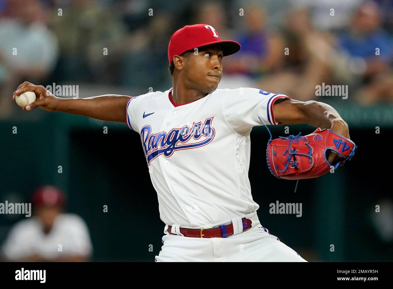 Texas Rangers relief pitcher Jose Leclerc throws to the Baltimore ...