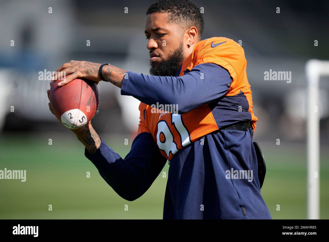 Denver Broncos wide receiver Tim Patrick (81) takes part in drills during the NFL football team ...