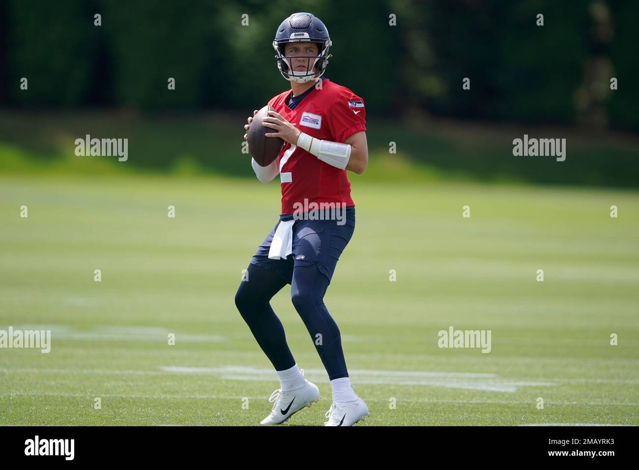 Seattle Seahawks quarterback Drew Lock passes before NFL football ...