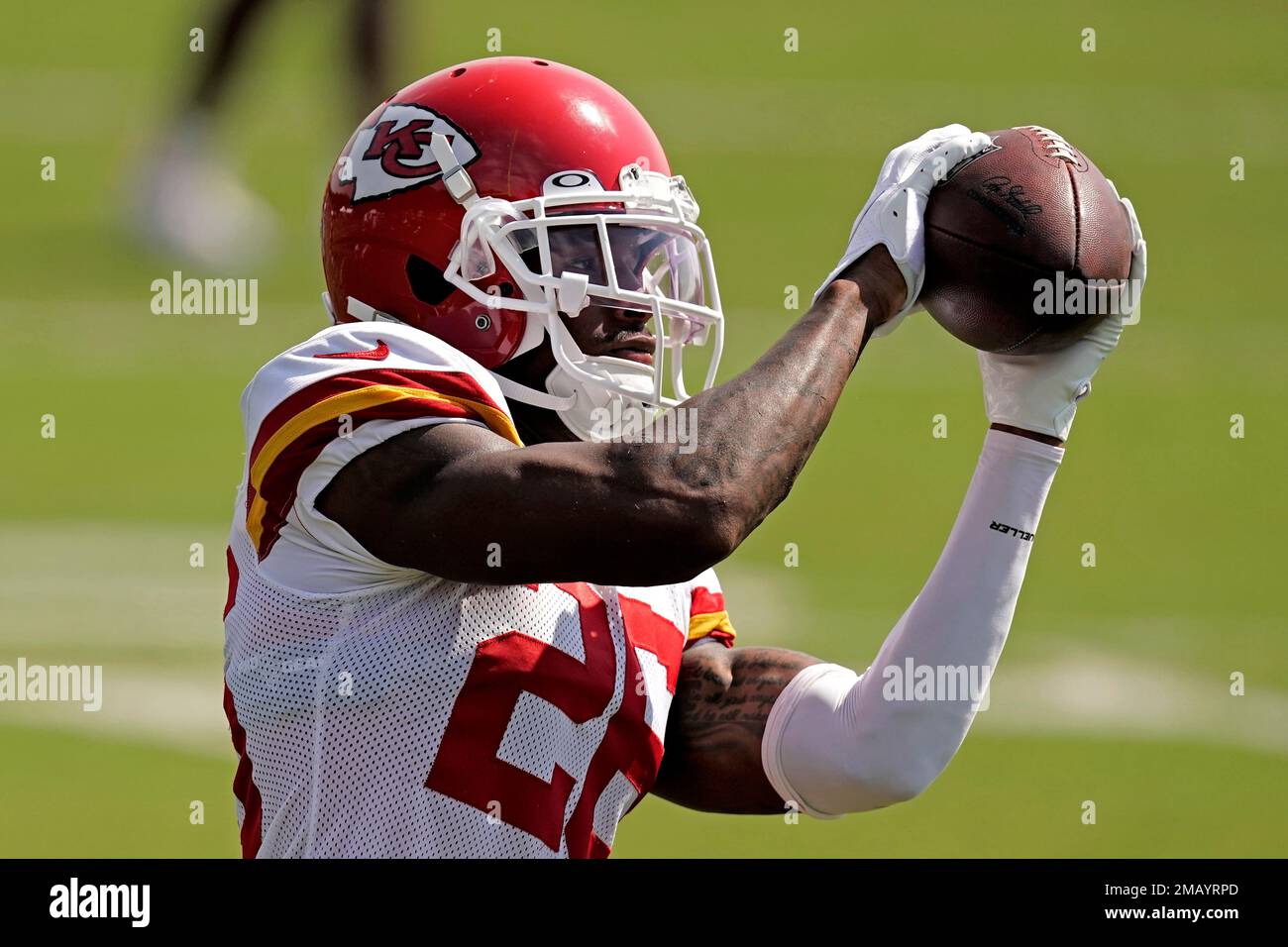 Kansas City Chiefs defensive back Deon Bush catches a ball during NFL ...